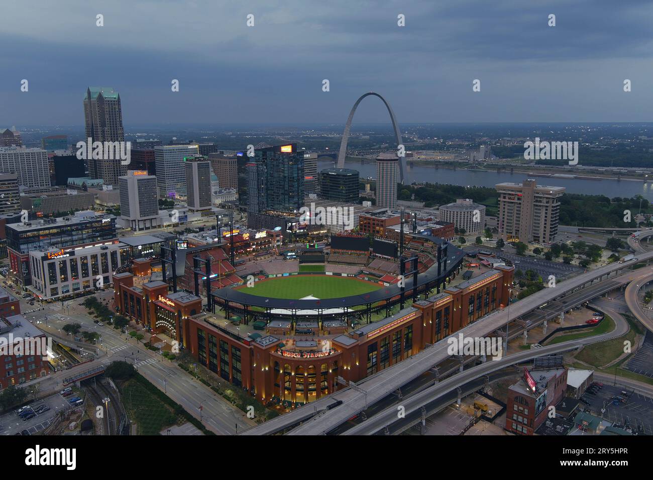 A general overall aerial view of Busch Stadium and the Gateway Arch ...