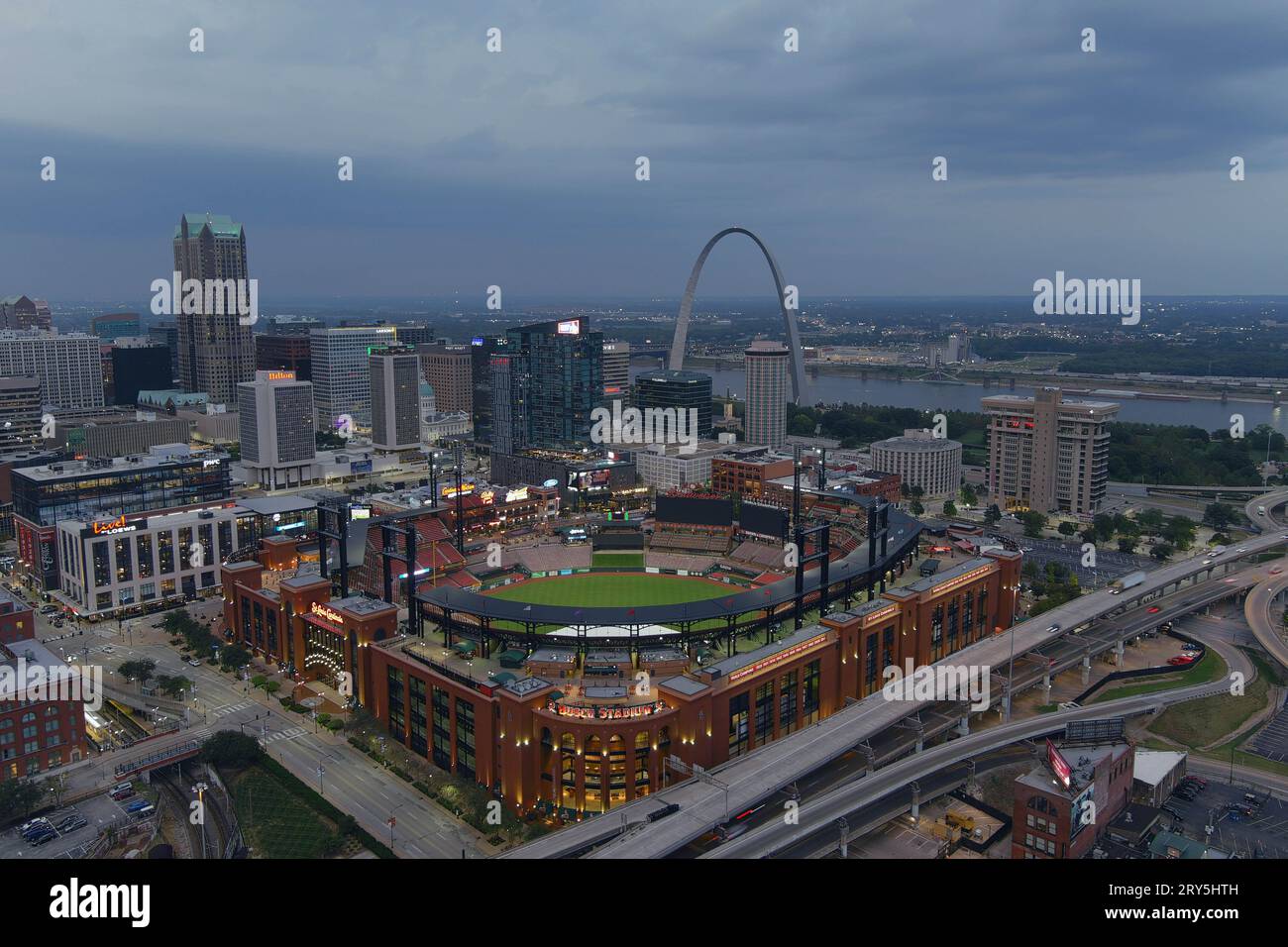 A general overall aerial view of Busch Stadium and the Gateway Arch ...