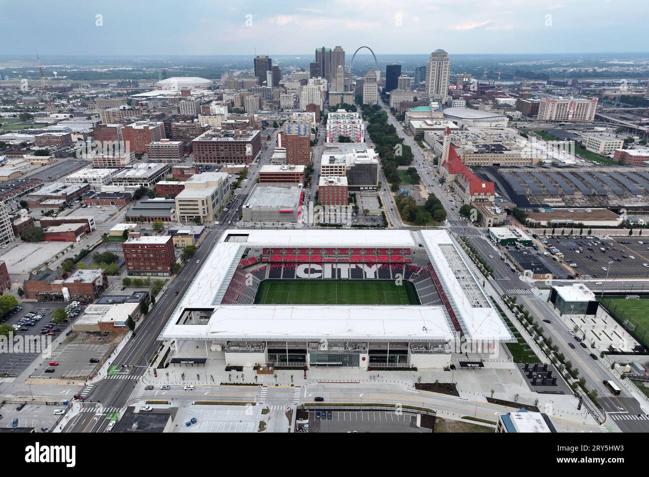 A general overall aerial view of CITYPARK Stadium, downtown skyline and ...