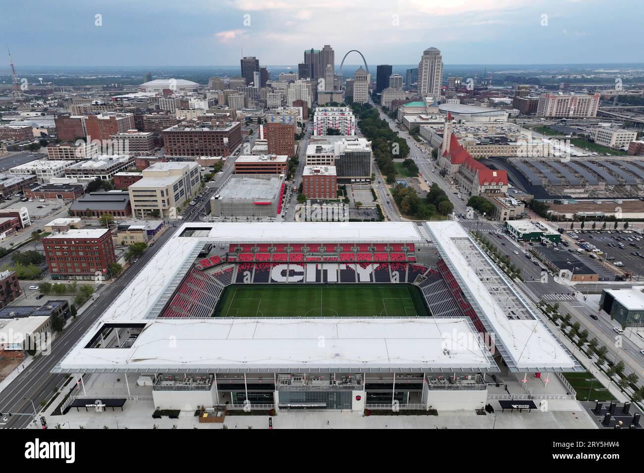 A general overall aerial view of CITYPARK Stadium, downtown skyline and ...