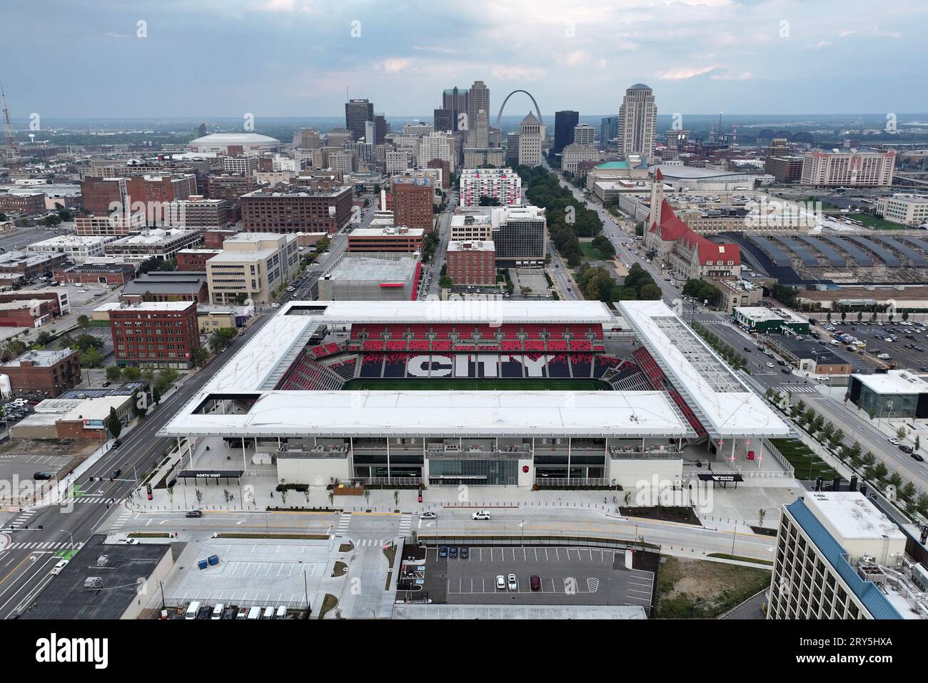 A general overall aerial view of CITYPARK Stadium, downtown skyline and ...
