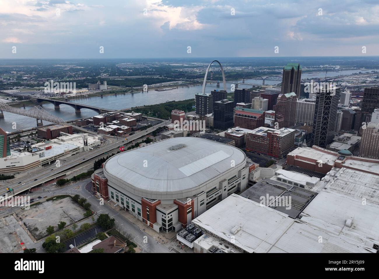 General overall aerial view of dome americas center gateway arch hi-res ...
