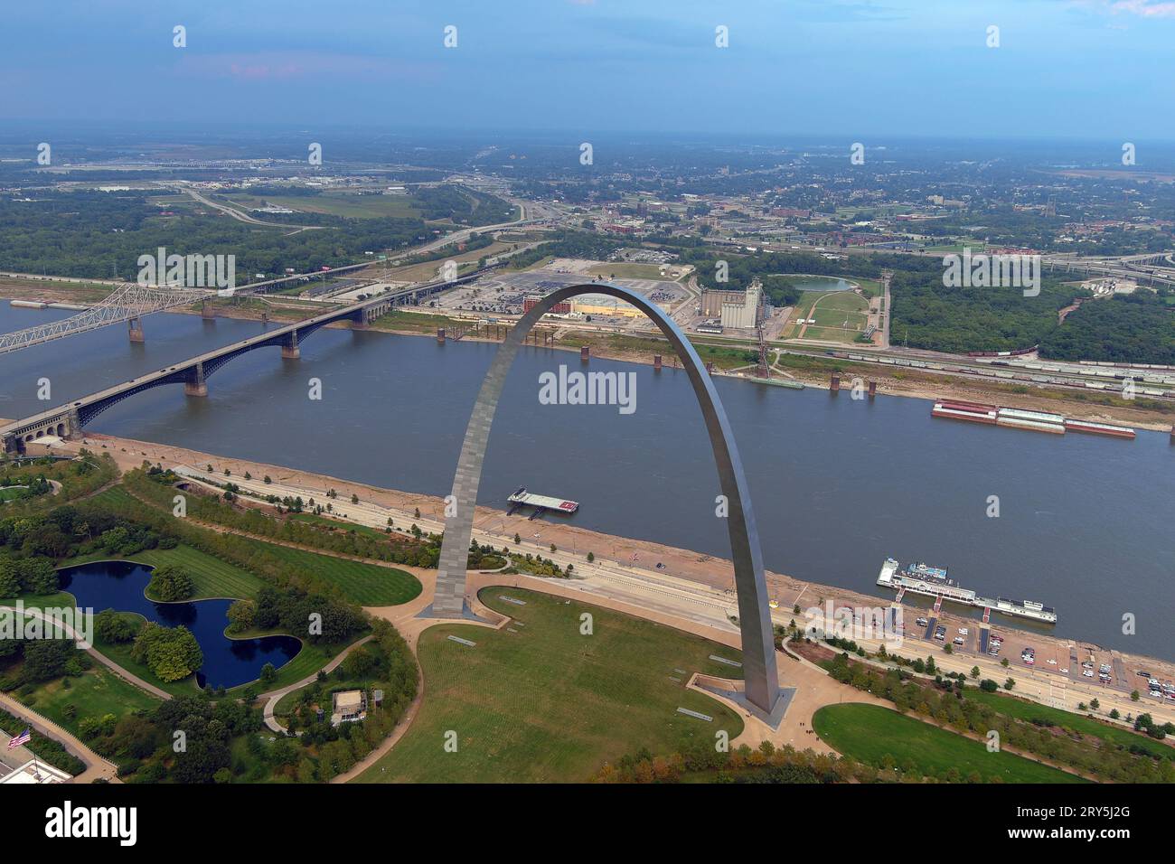 A general overall aerial view of the Gateway Arch along the Mississippi ...