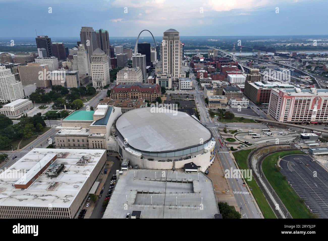 A general overall aerial view of the Enterprise Center and Gateway Arch ...