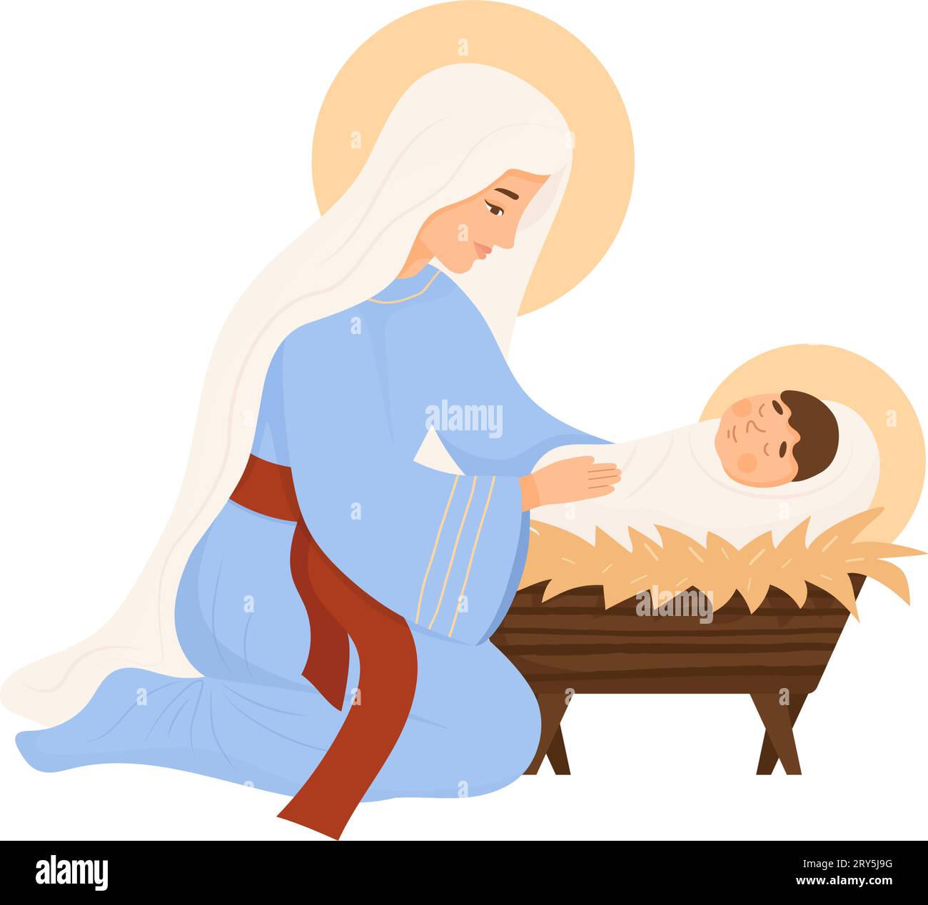 Cartoon Baby Jesus And Mary Christmas Crib. Figures Of Baby Jesus,