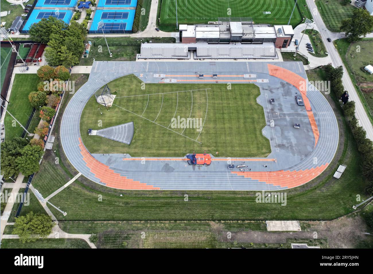 A general overall aerial view of Demirjian Park track and Field and ...