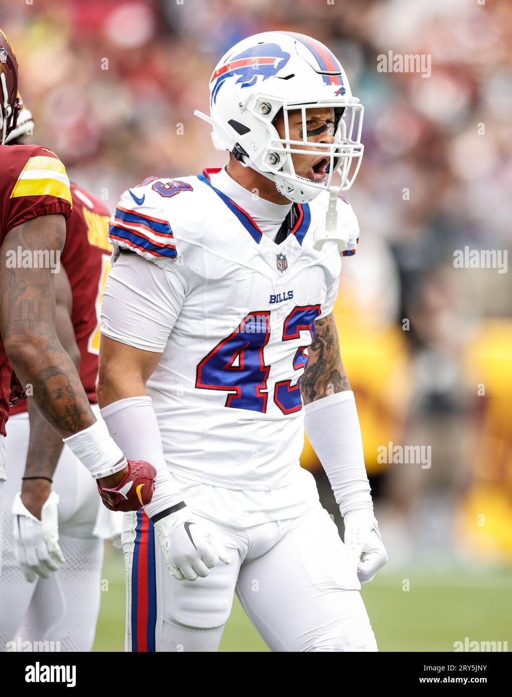 Buffalo Bills line backer Terrel Bernard (43) flexes after making a ...