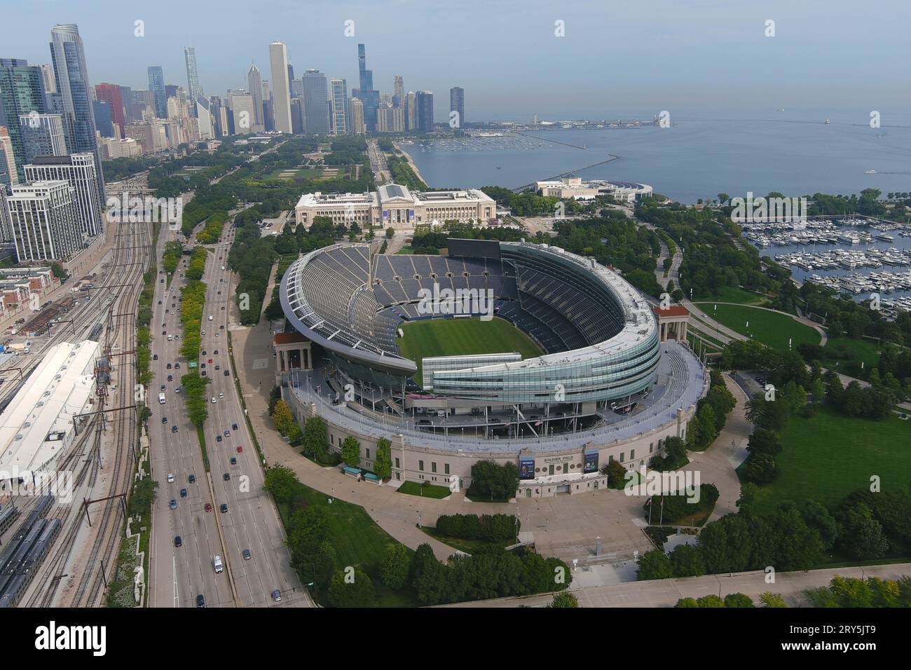 A general overall aerial view of Soldier Field and downtown skyline ...