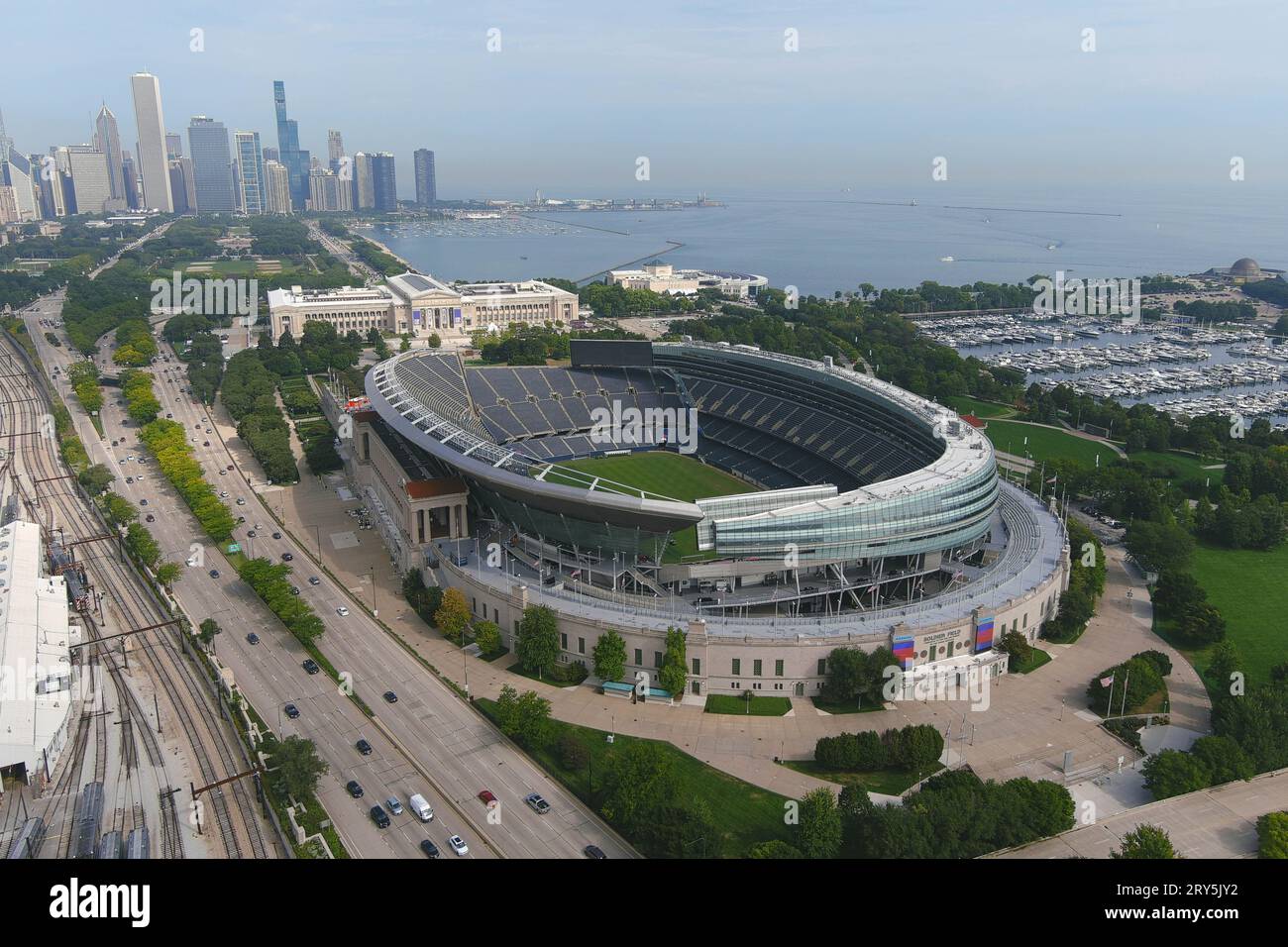 A general overall aerial view of Soldier Field and downtown skyline ...