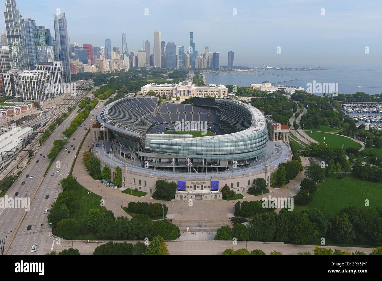 A general overall aerial view of Soldier Field and downtown skyline ...