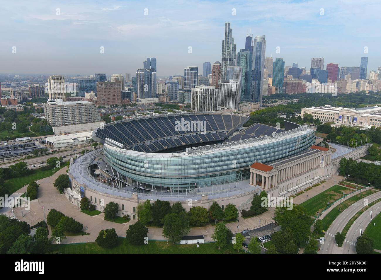 A general overall aerial view of Soldier Field and downtown skyline ...