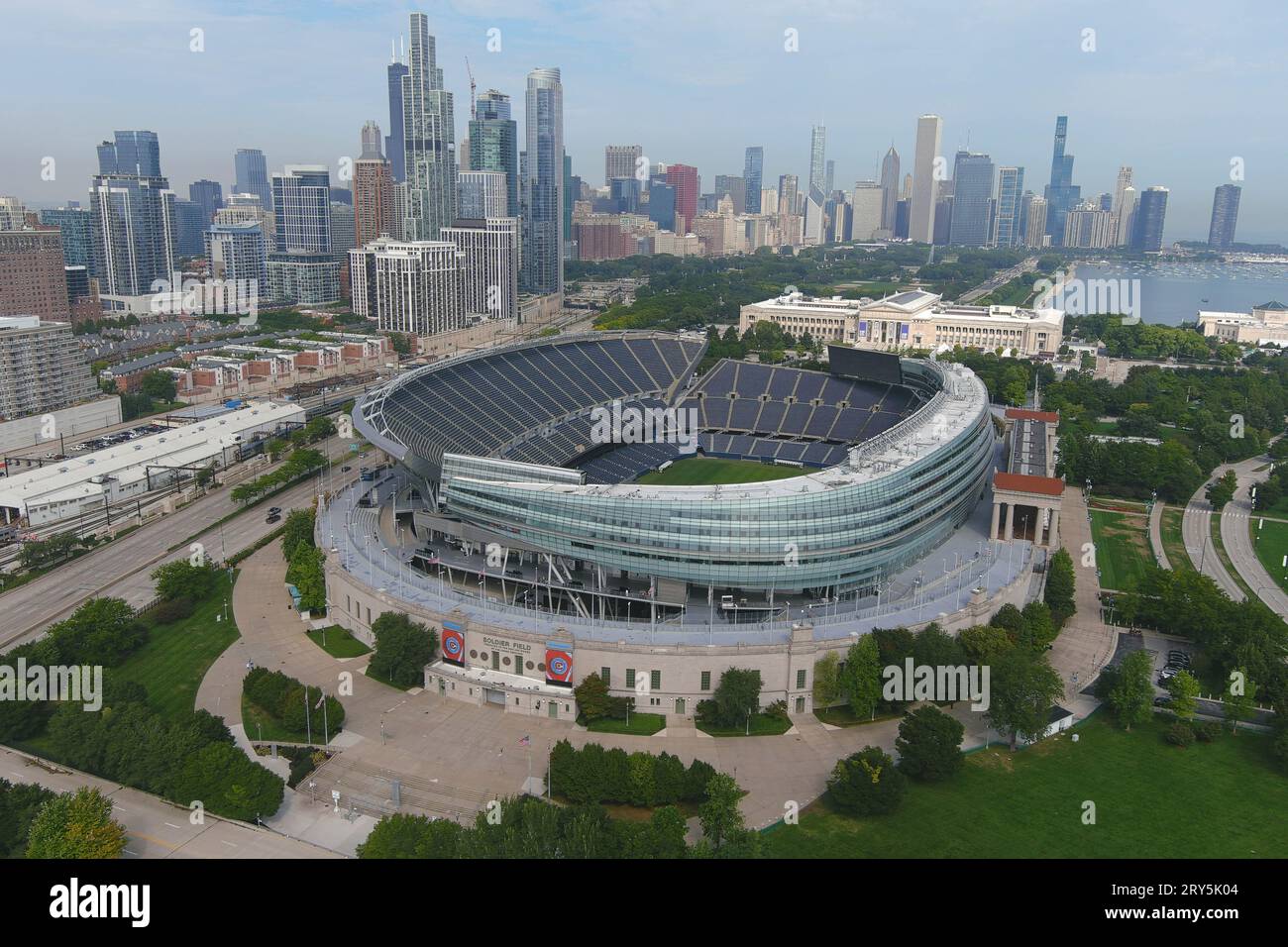 A general overall aerial view of Soldier Field and downtown skyline, Thursday, Sept. 21, 2023 ...