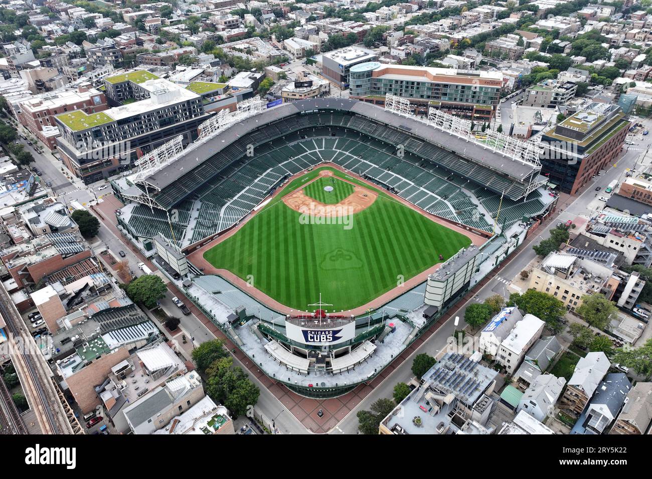 A general overall aerial view of Wrigley Field Baseball stadium ...