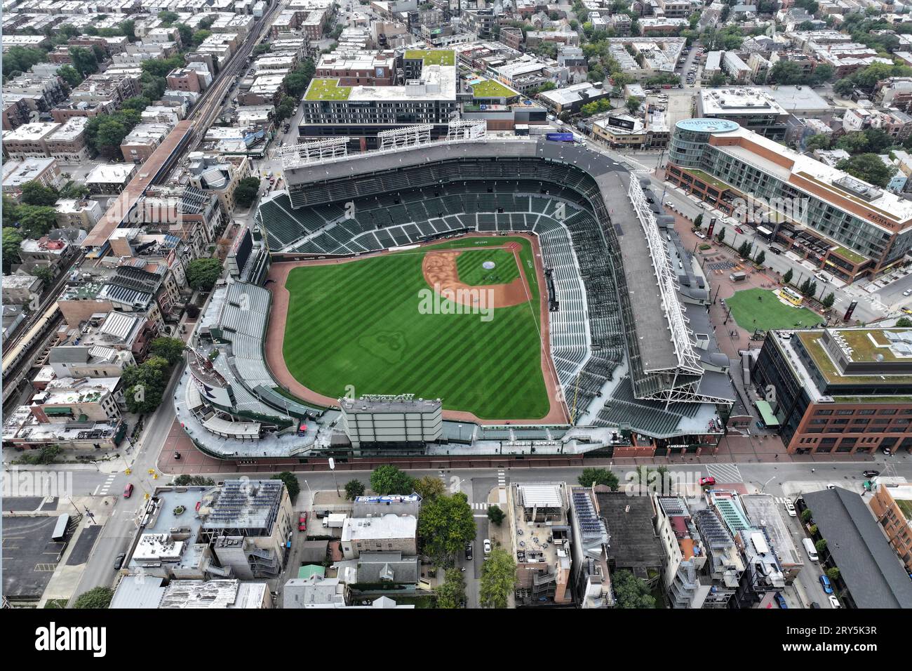 A general overall aerial view of Wrigley Field Baseball stadium ...