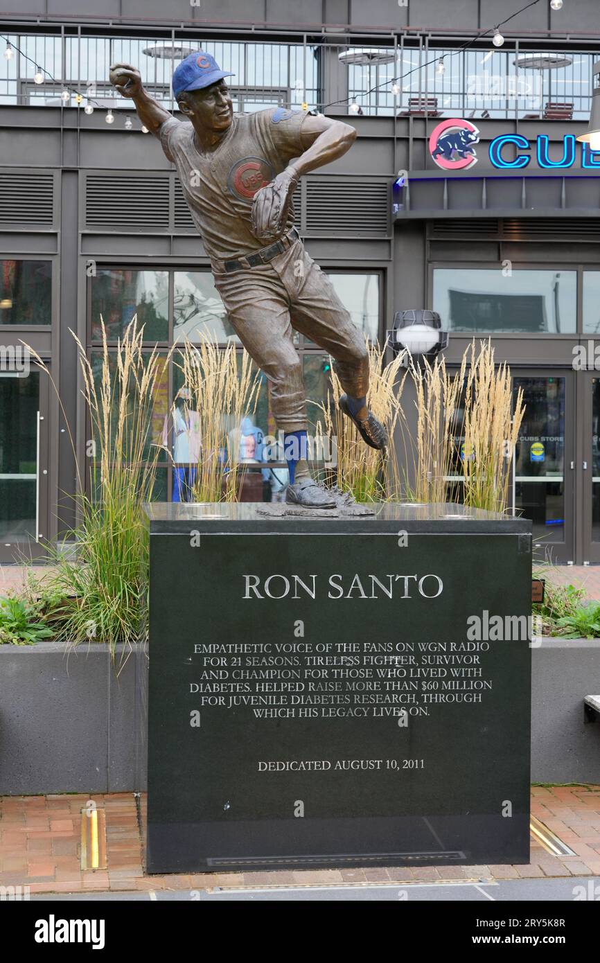 A statue of former Chicago Cubs third baseman Ron Santo at Wrigley Field Baseball stadium facade ...