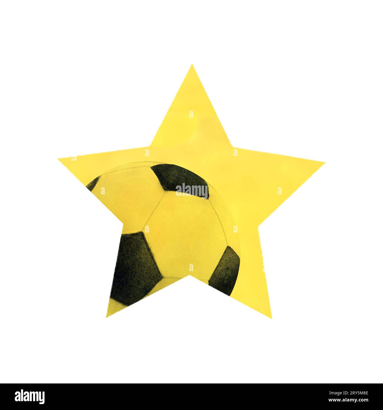 Watercolor drawing of football ball black and white in yellow star ...