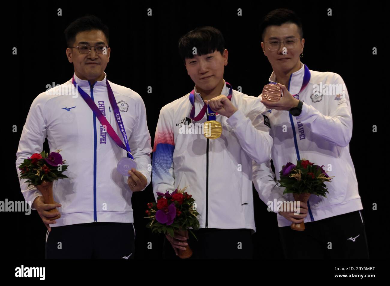 Hangzhou, China. 28th Sep, 2023. (L to R) LIN Li-Wei(TPE), KIM Gwanwoo(KOR), HSIANG Yu-Lin(TPE ...