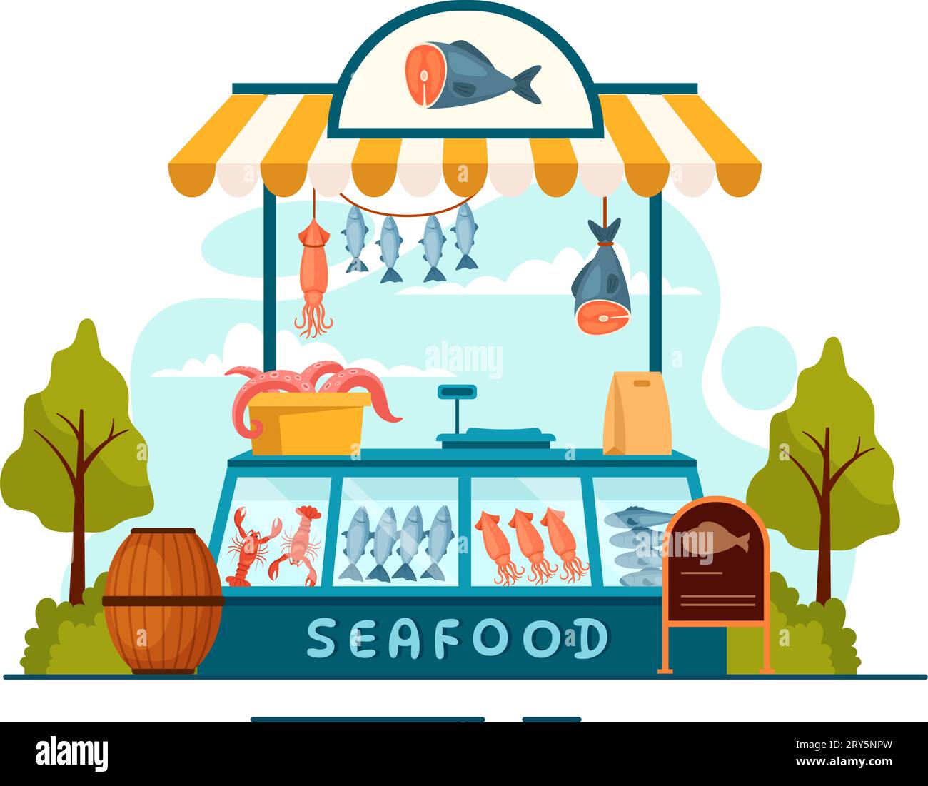Seafood Market Stall Vector Illustration with Fresh Fish Products such ...