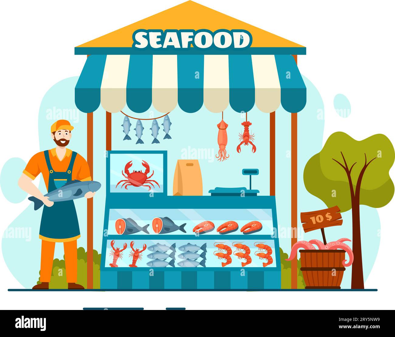 Seafood Market Stall Vector Illustration with Fresh Fish Products such ...