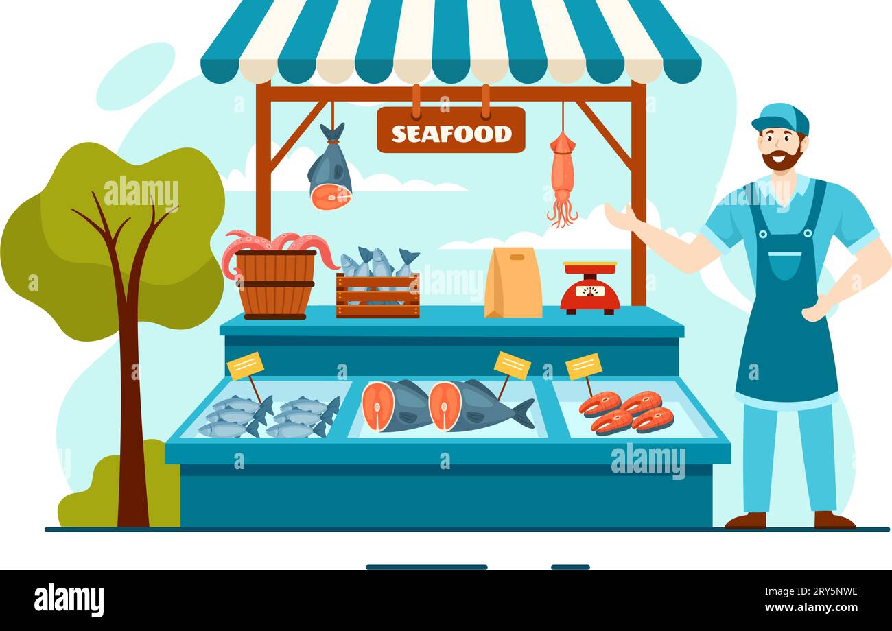Seafood Market Stall Vector Illustration with Fresh Fish Products such ...