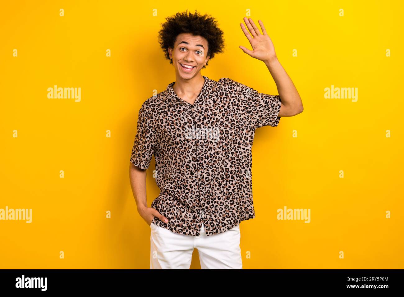 Photo of welcome sign waving hand positive guy summertime beach season ...