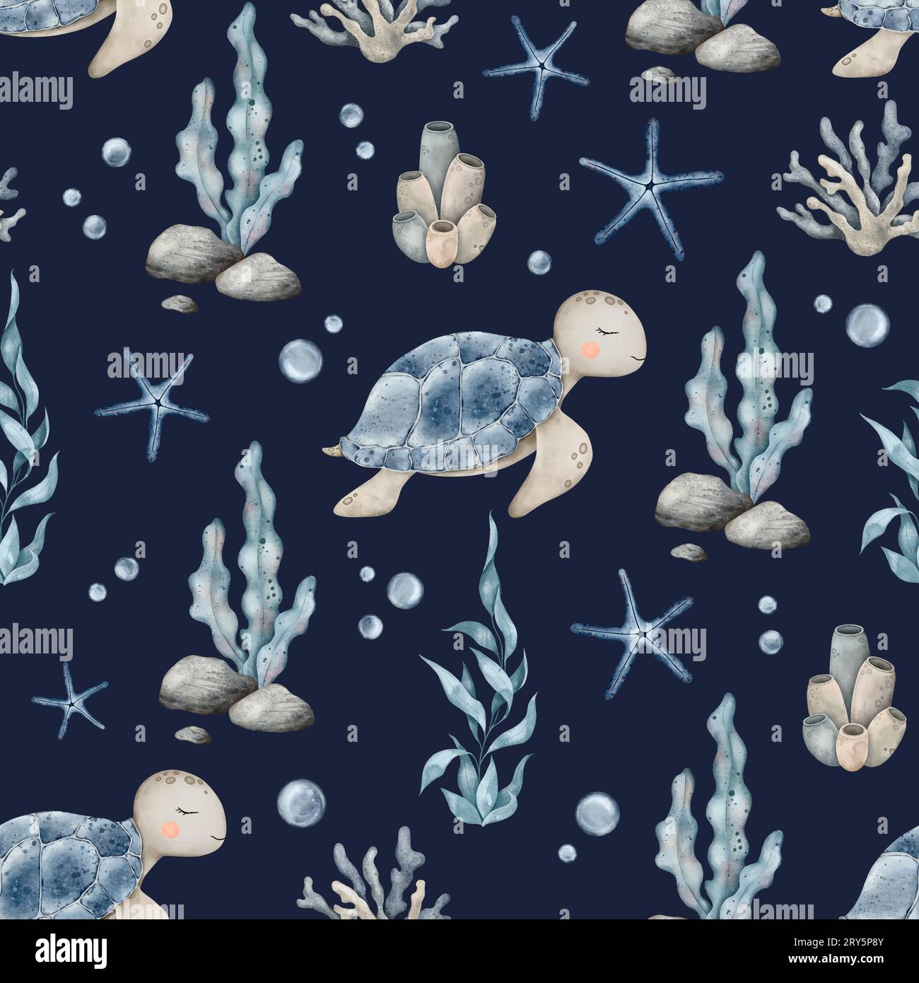 Marine seamless pattern sea animals, plants, seashell, starfish, marine ...
