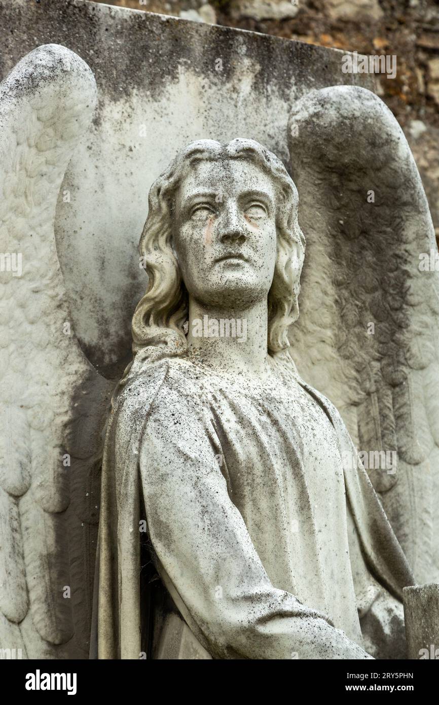A stone carved Angel headstone looking upwards Stock Photo - Alamy