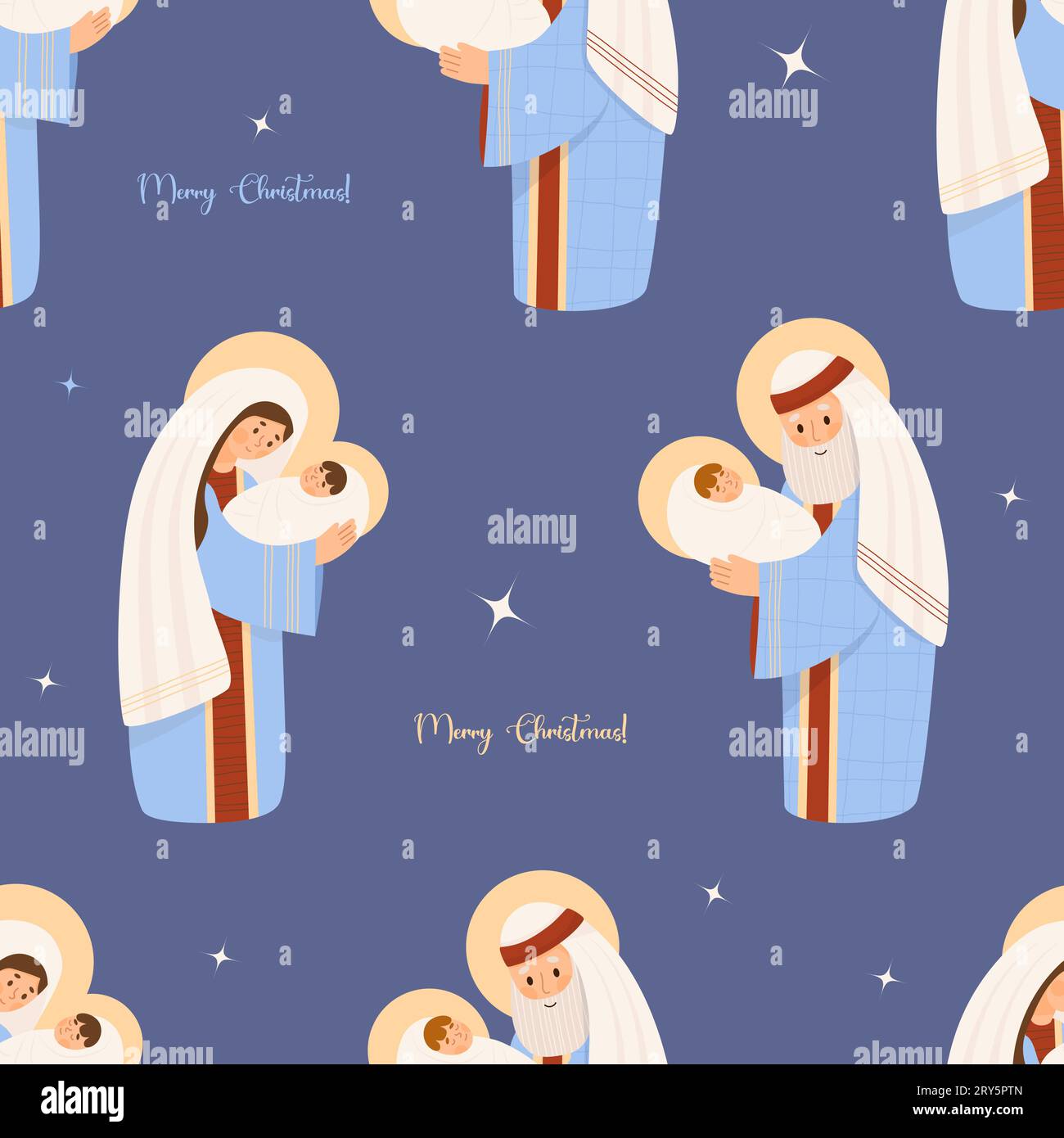 Merry Christmas seamless pattern. Holy family. Virgin Mary and Joseph ...