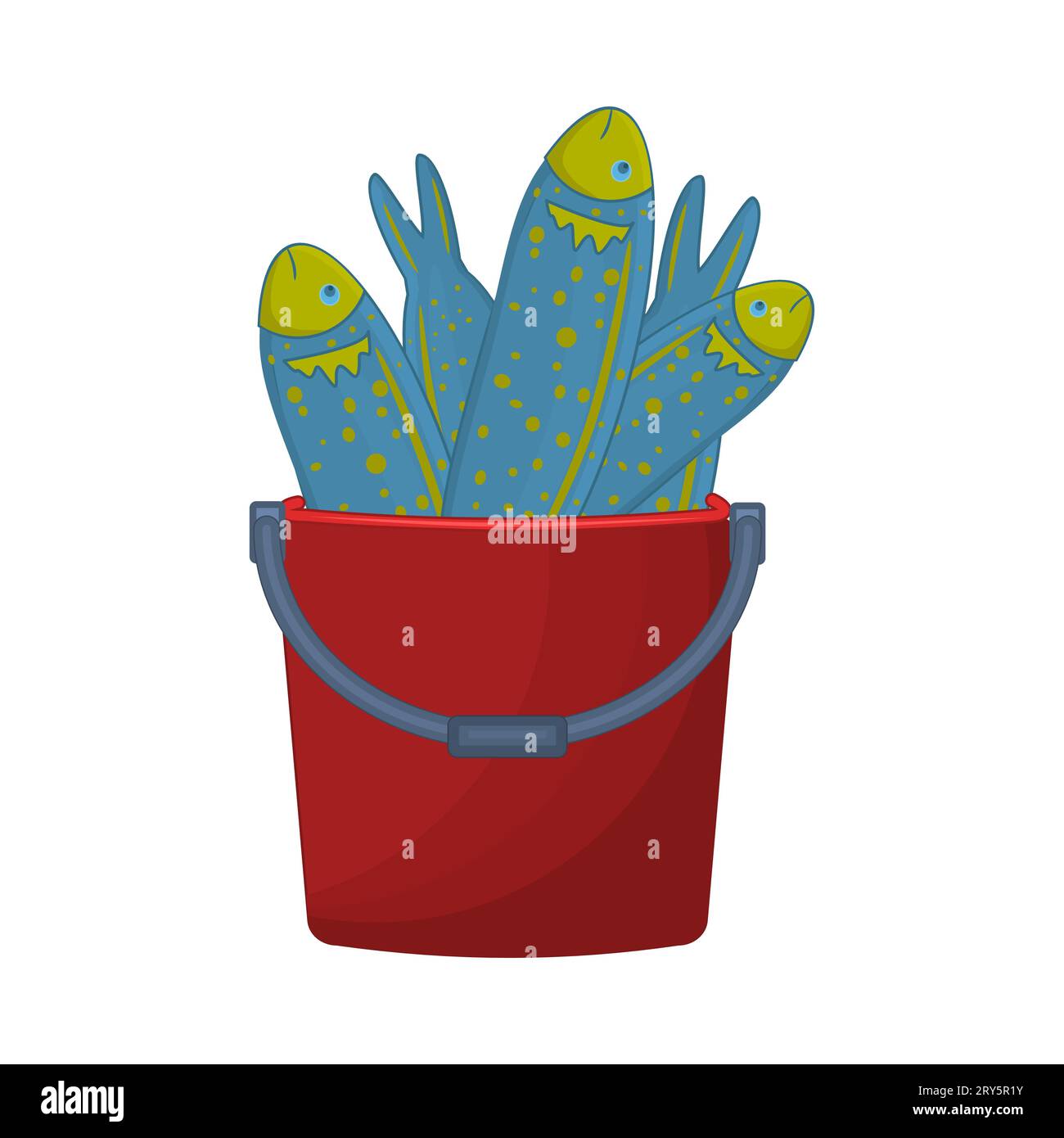 Fish bucket. Full bucket of fresh fishes. Fishermans catch. Cartoon ...