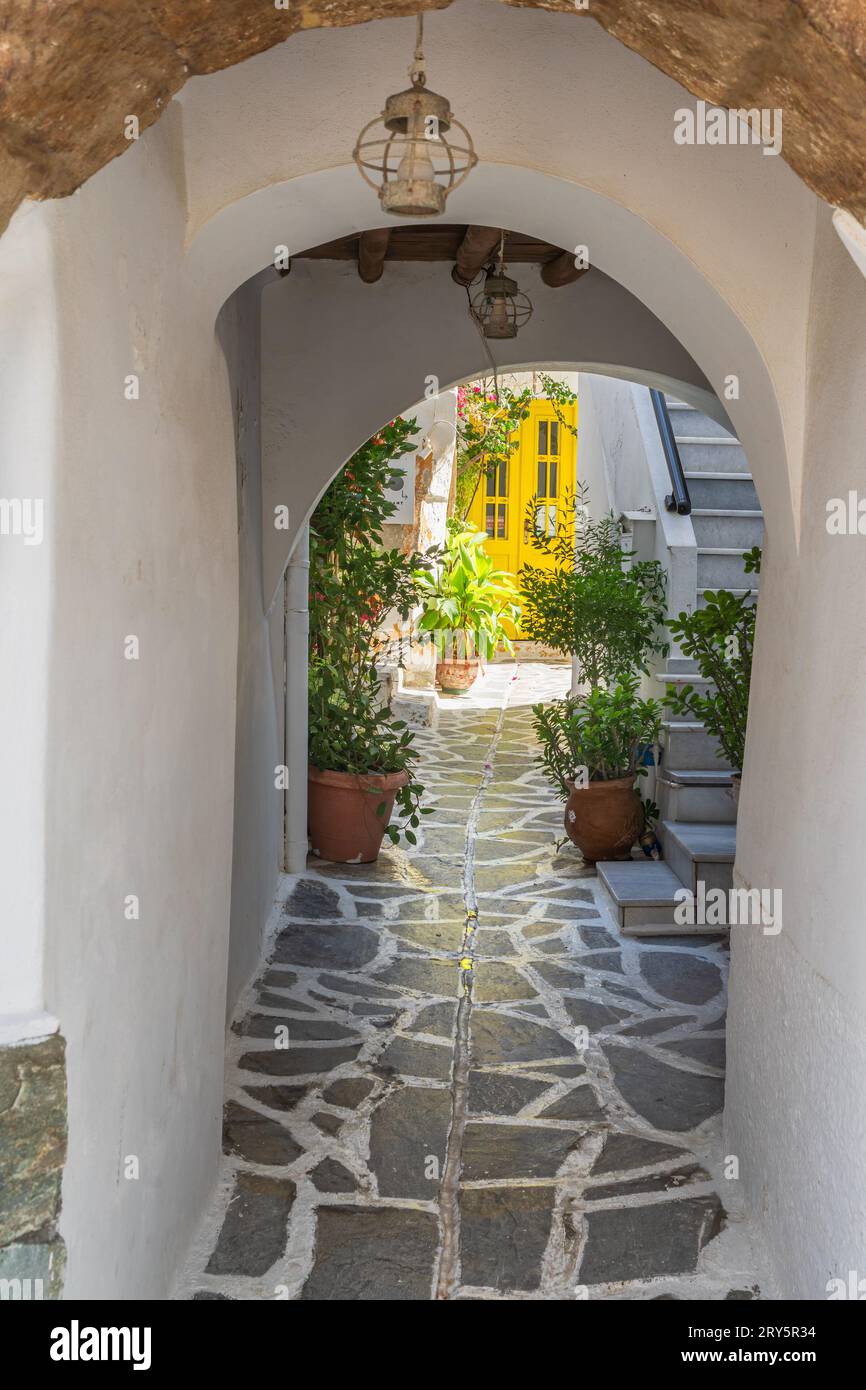 Typical street scene on the Naxos one of the Cyclades islands in Greece ...