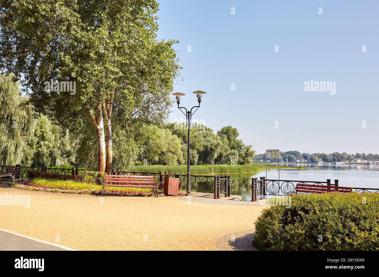 Rest area with bench surrounded by blooming flowers and ornamental ...