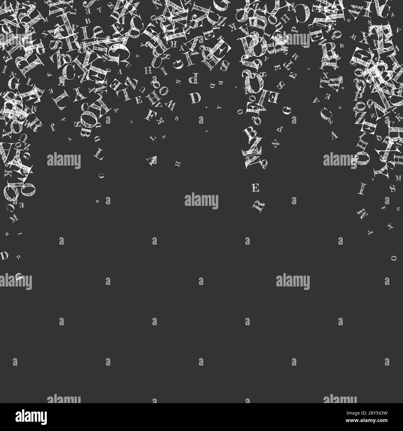 Scattered letters of latin alphabet. White chalk floating characters of ...