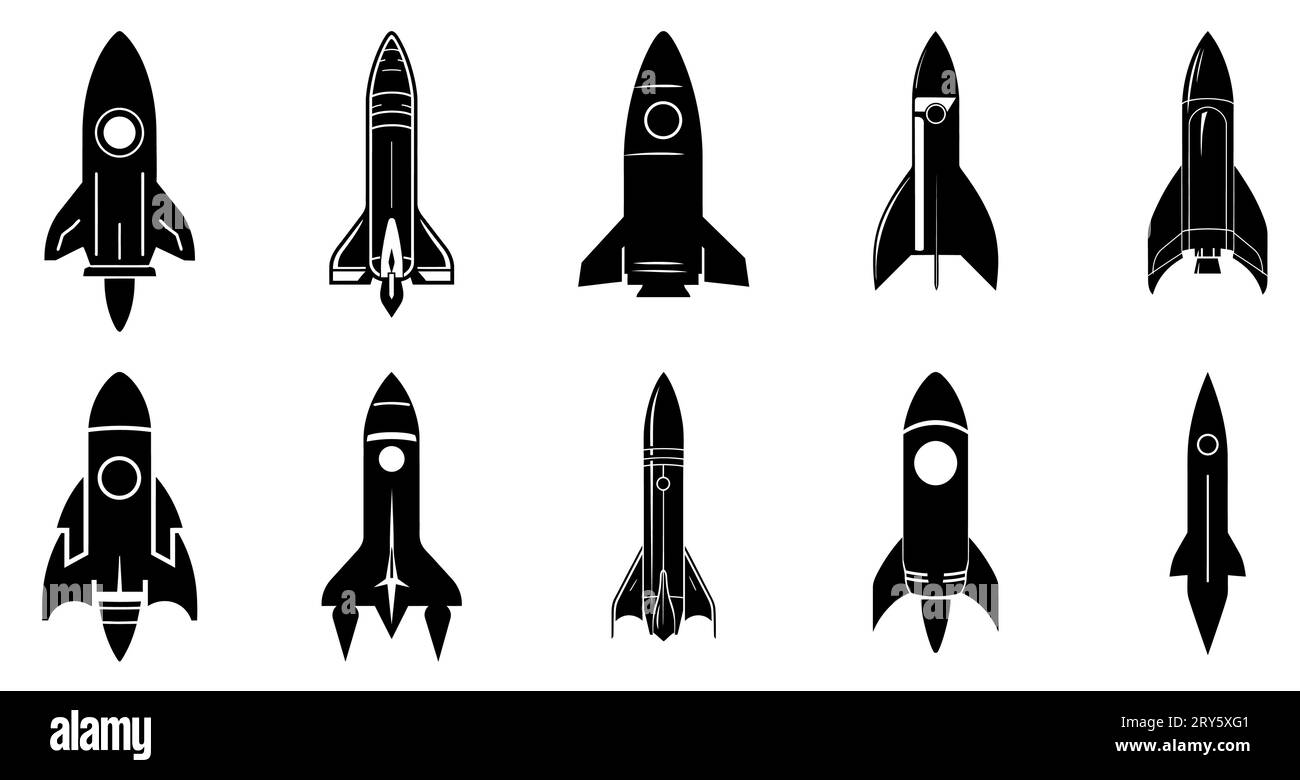 Rocket icons set. Black spaceship icon isolated. Rocket launching sign ...