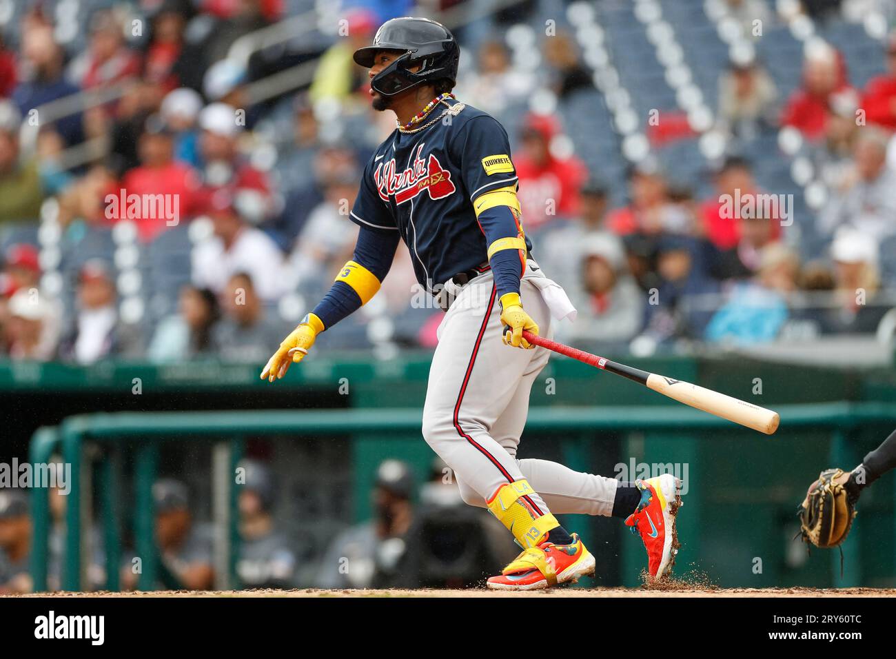 Atlanta Braves designated hitter Ronald Acuna Jr. (23) hits a line out ...