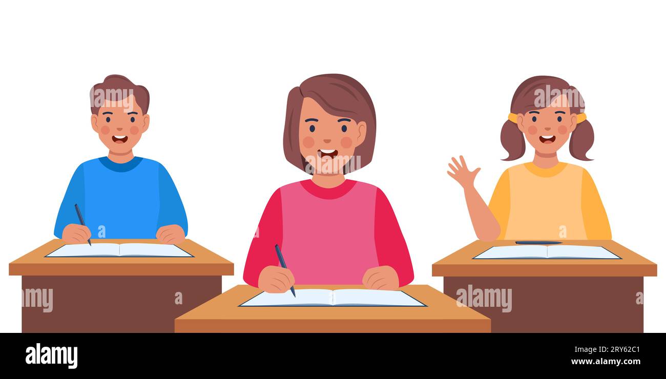 Primary school pupils sit at desk. Elementary education, children ...