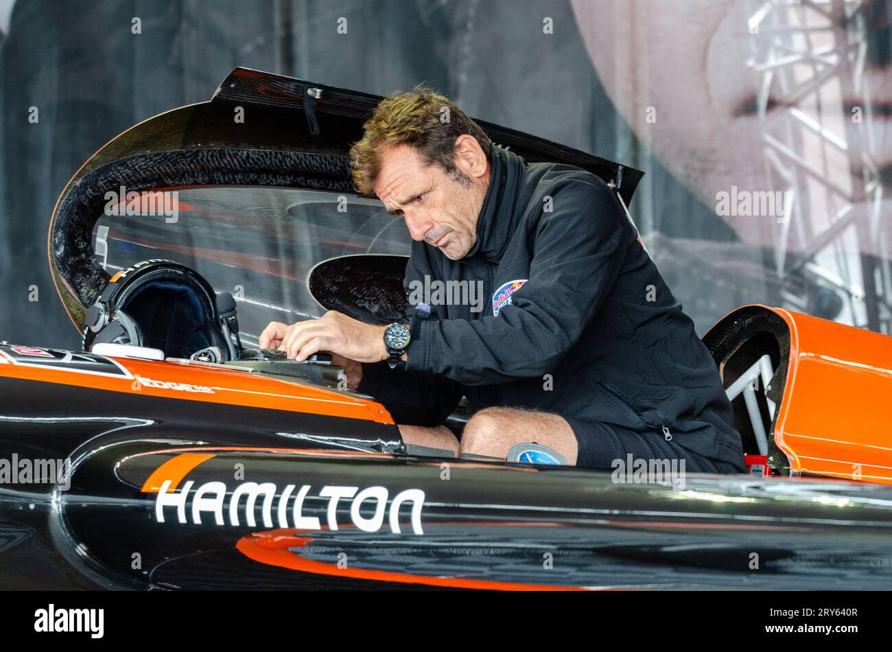 Pilot Nicolas Ivanoff in a temporary hangar at Royal Ascot racecourse ...