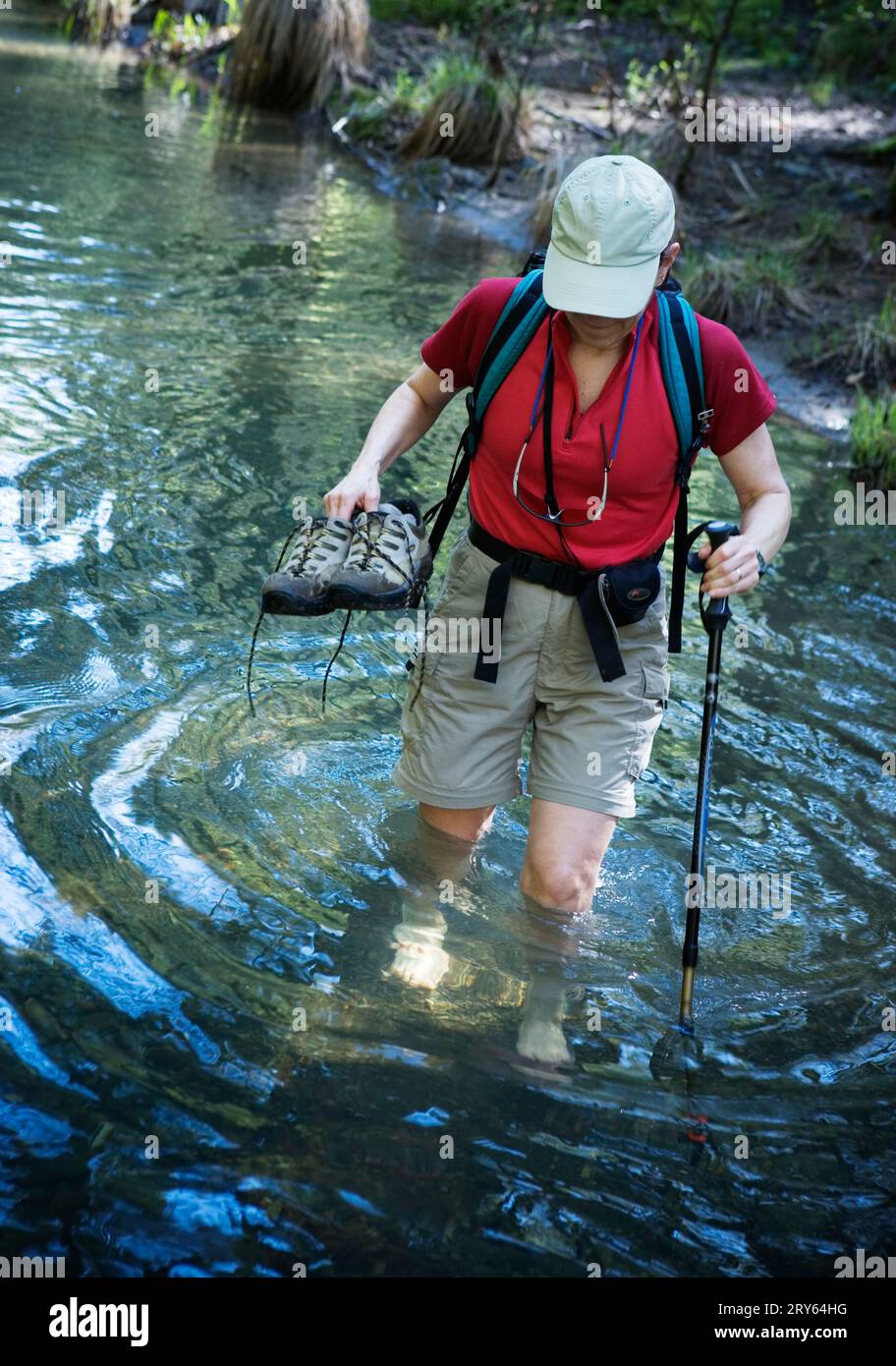 Female hiker crossing a stream Stock Photo - Alamy