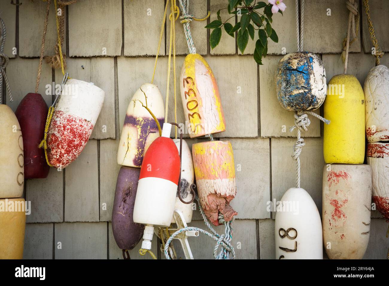 Hanging commercial fishing floats on shingle siding Stock Photo - Alamy