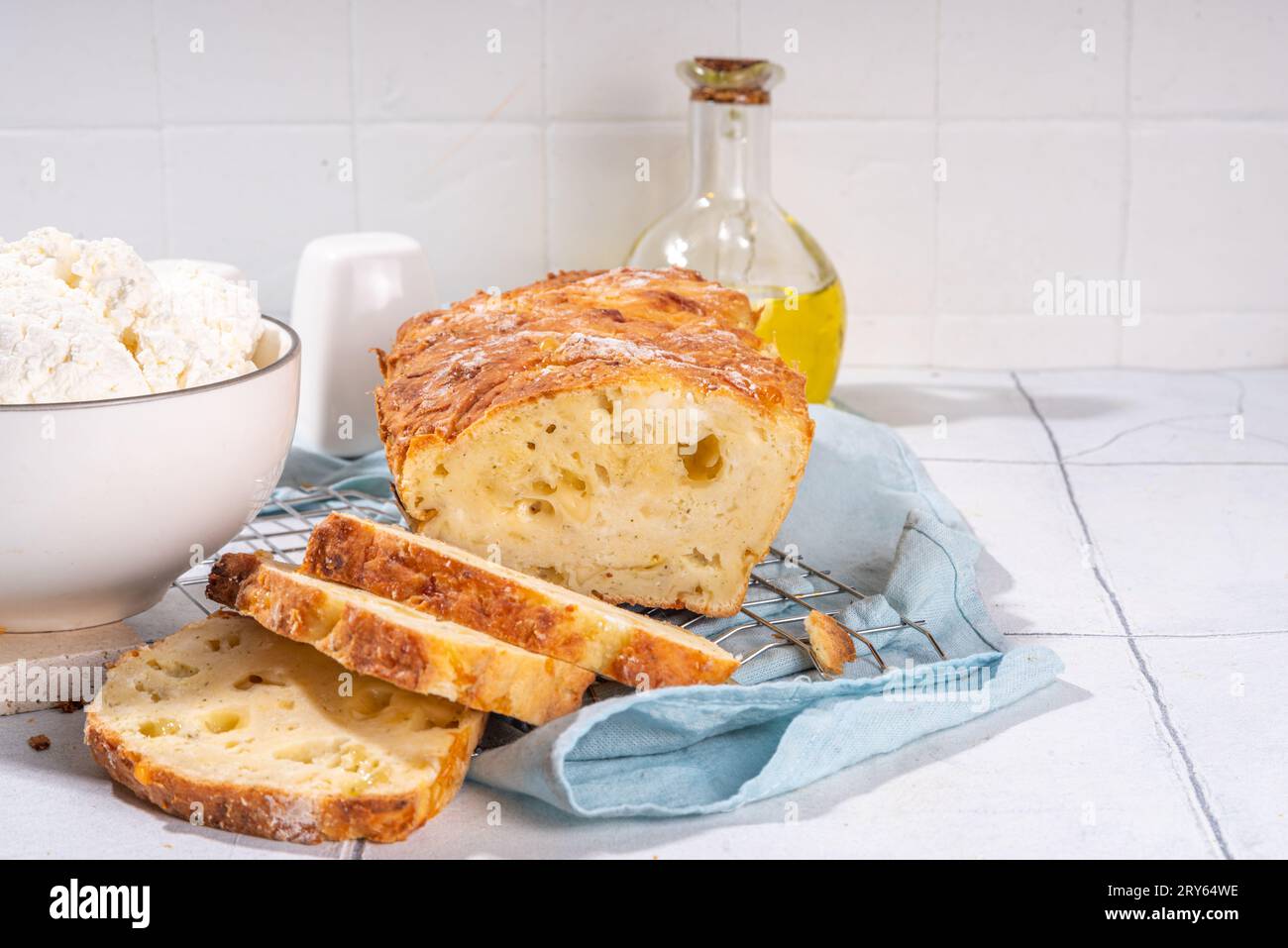 Cottage cheese bread. Trendy curd cheese baking, homemade loaf bread ...