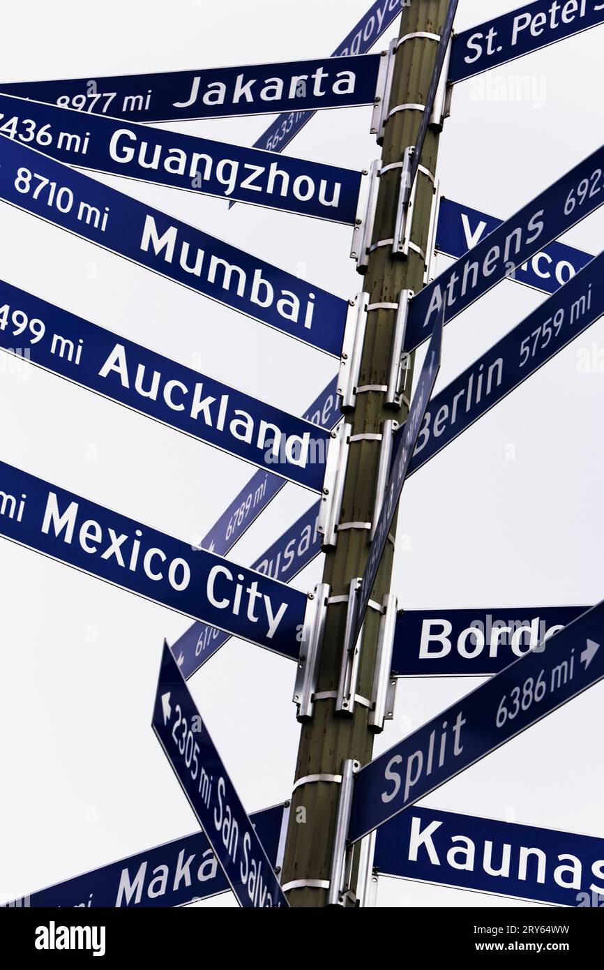Looking up at Los Angeles Sister Cities direction and distance signs ...