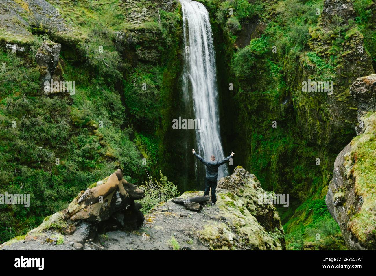 Man in front of waterfall falling into cavern below with green foliage ...