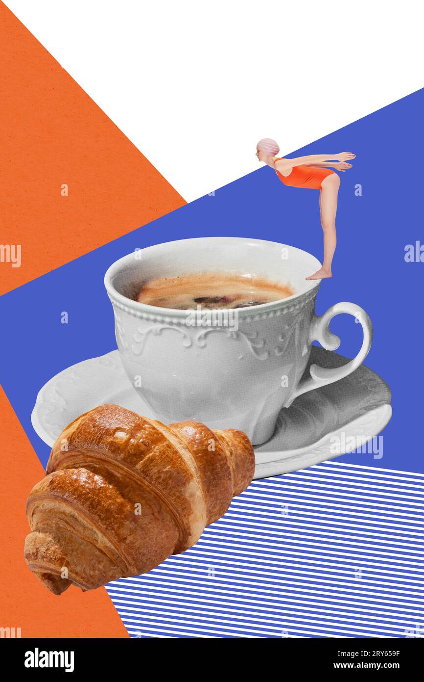 Young girl in swimsuit diving into cup with coffee, americano and ...