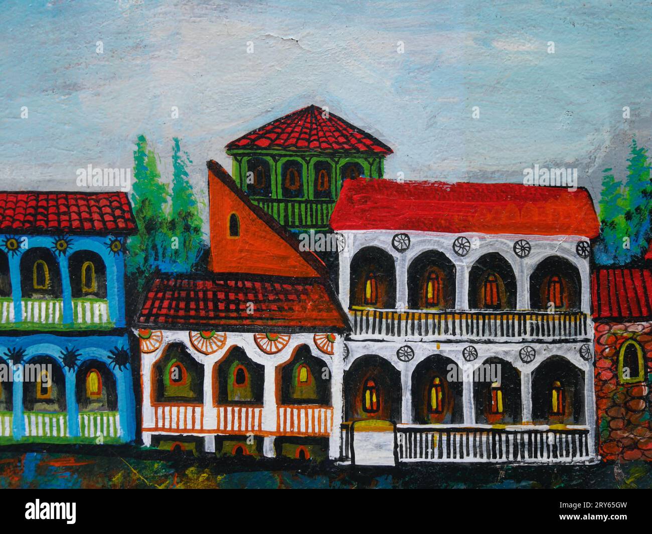 Painting of brightly-coloured houses, Tbilisi, Georgia Stock Photo - Alamy