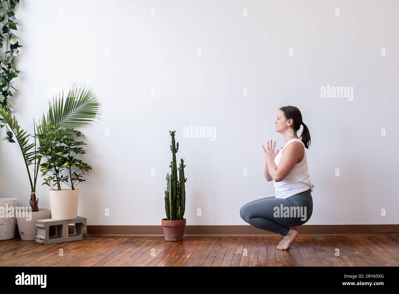 Woman in a yogi squat against a white wall with a cactus Stock Photo ...