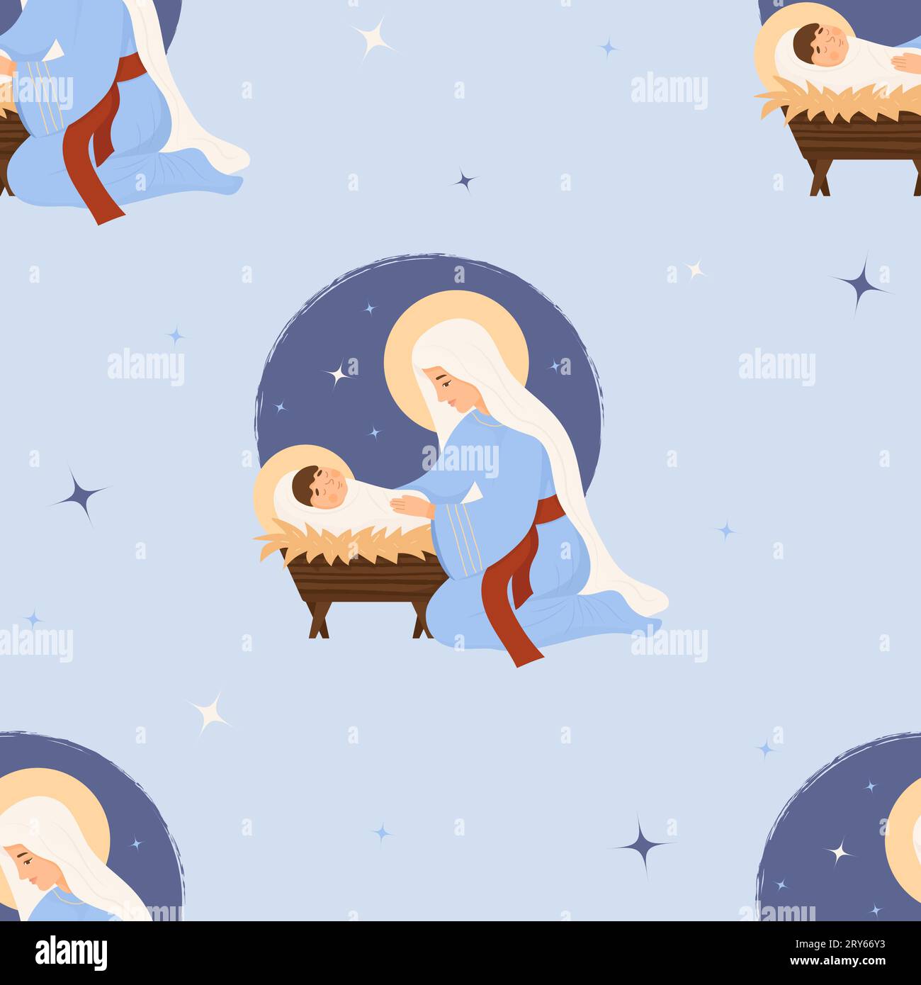 Christmas seamless pattern. Cute Virgin Mary with baby Jesus Christ in ...