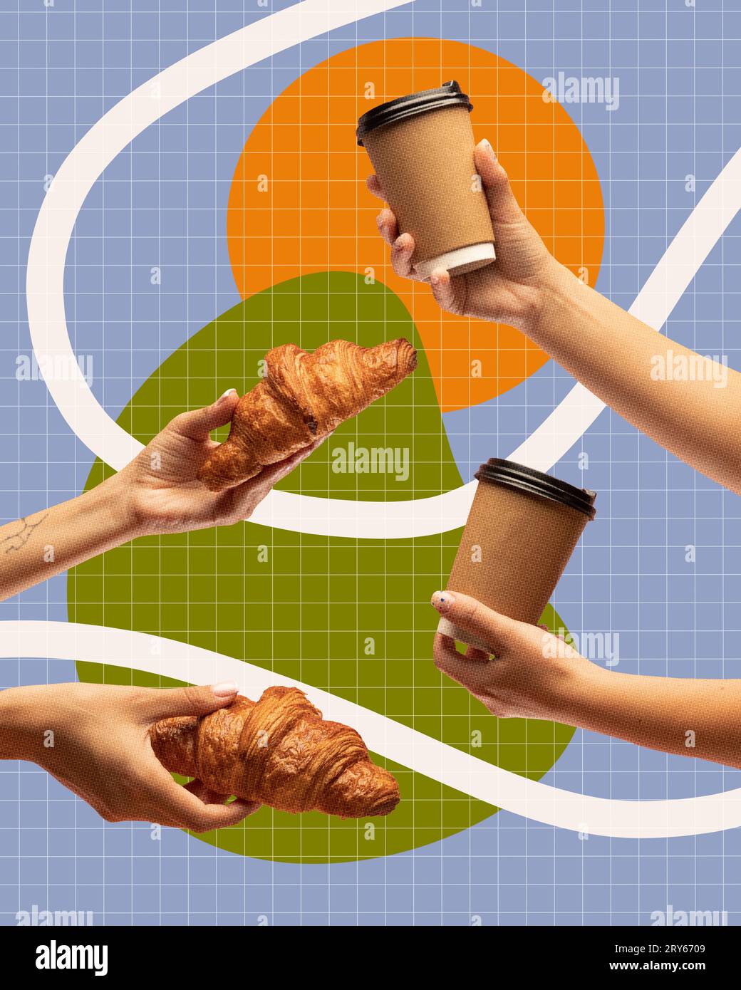 Human hands with coffee cups to go and freshly baked croissants over ...