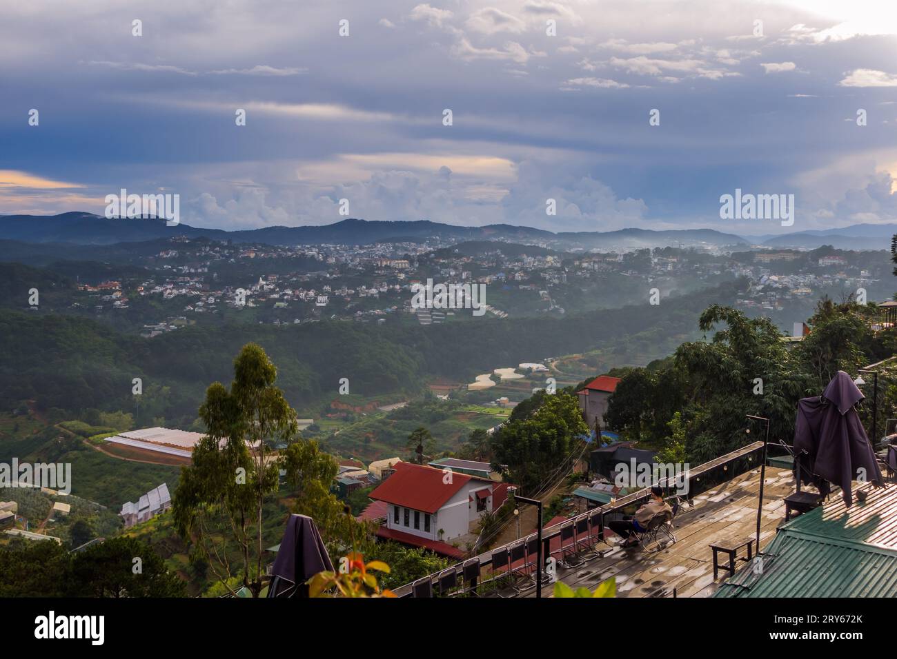 Aerial panoramic sunset view of Dalat, Vietnam surroundings Stock Photo ...