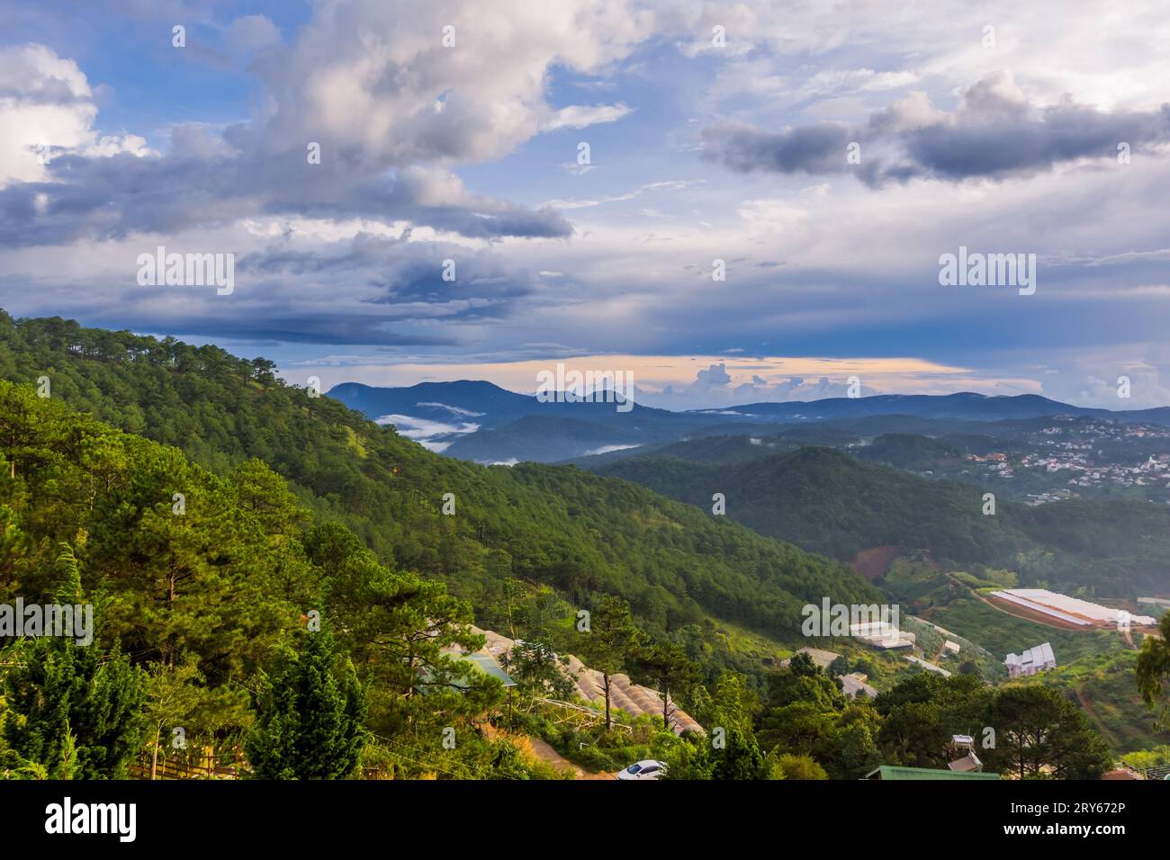 Aerial panoramic sunset view of Dalat, Vietnam surroundings Stock Photo ...