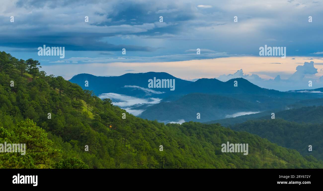 Aerial panoramic sunset view of Dalat, Vietnam surroundings Stock Photo ...