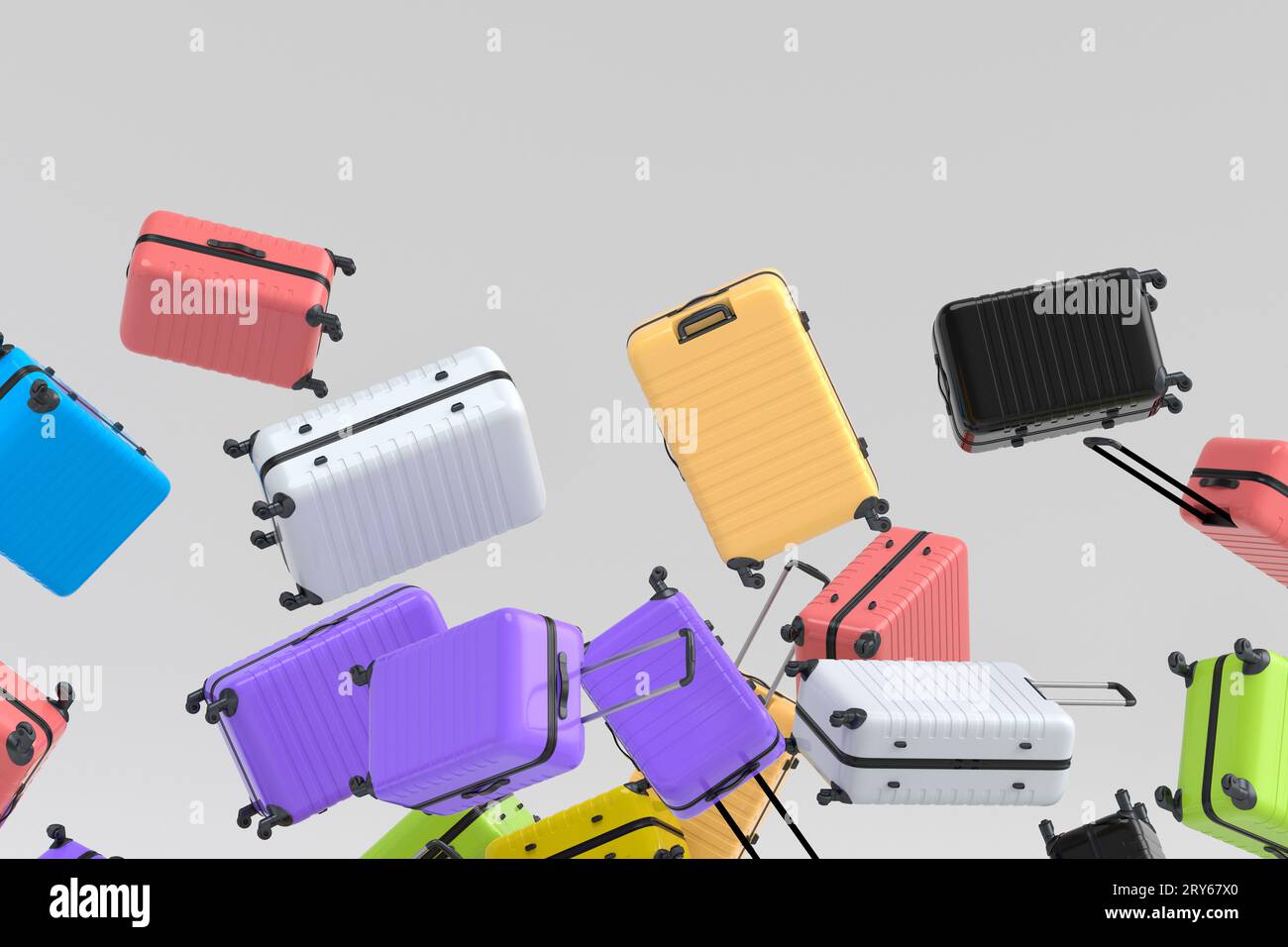 Many of flying suitcase or baggages isolated on white background.. 3d ...